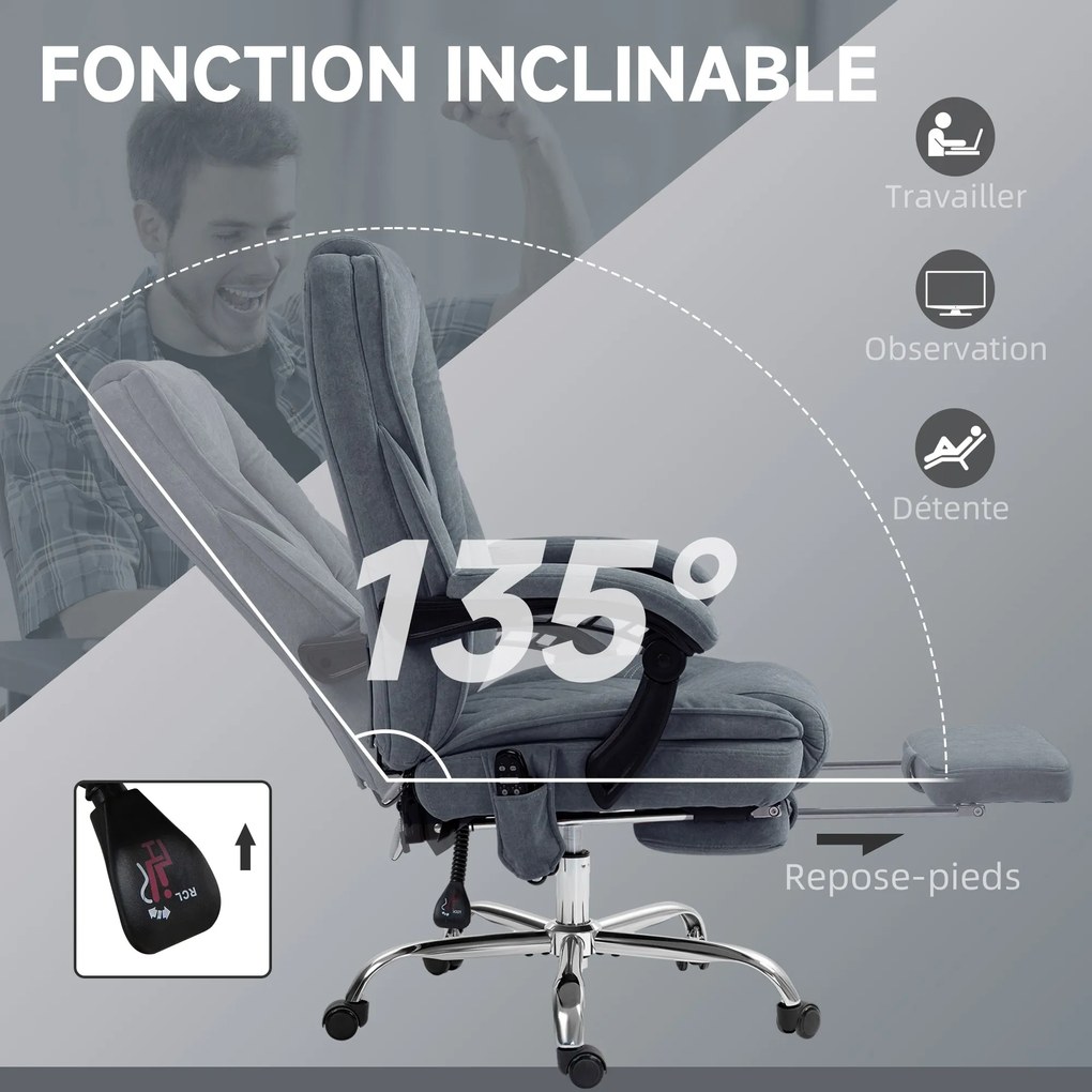 Vinsetto Masážní kancelářská židle s vytápěním - ergonomická židle s nastavitelnou výškou, sklápěním opěradla, drátovým ovladačem, zasouvatelným opěr…