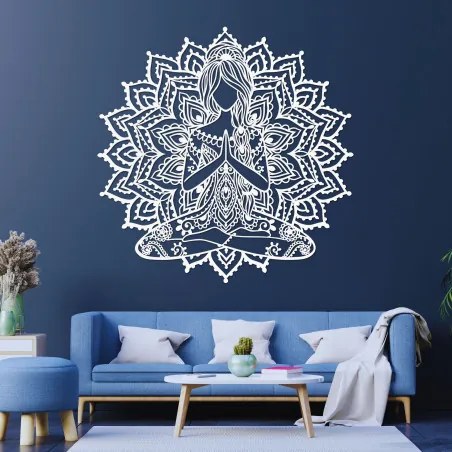 Dřevěná mandala jóga žena – moderní 3D obraz na zeď do obýváku | SENTOP HDF0511