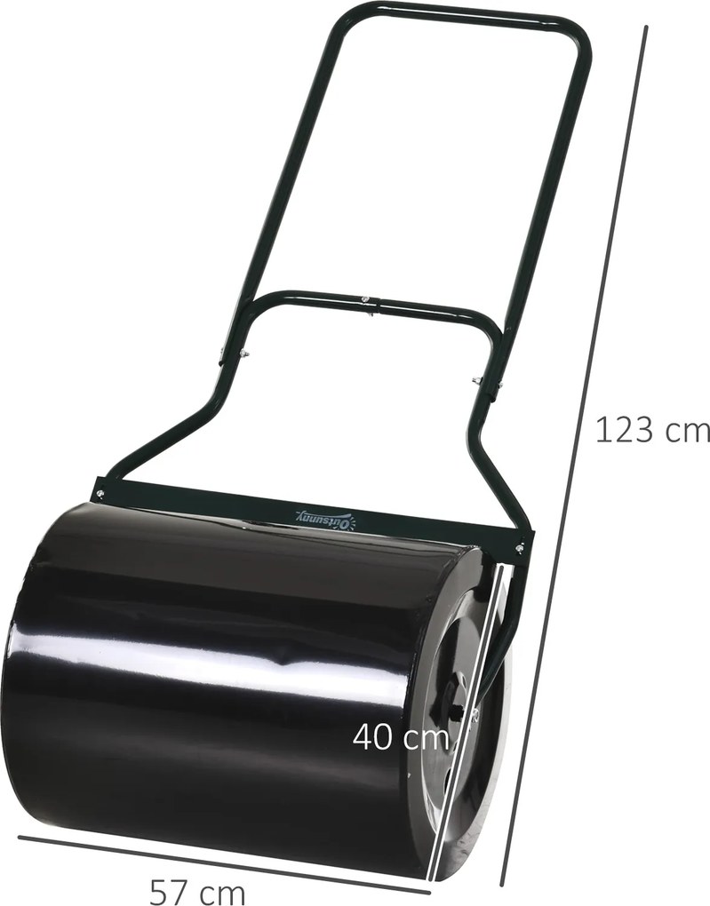 Zahradní válec Outsunny s U-rukojetí průměr 40 cm 60 l náplň z vodního písku kovový černý 57 x 40 x 123 cm pro dokonalé trávníky