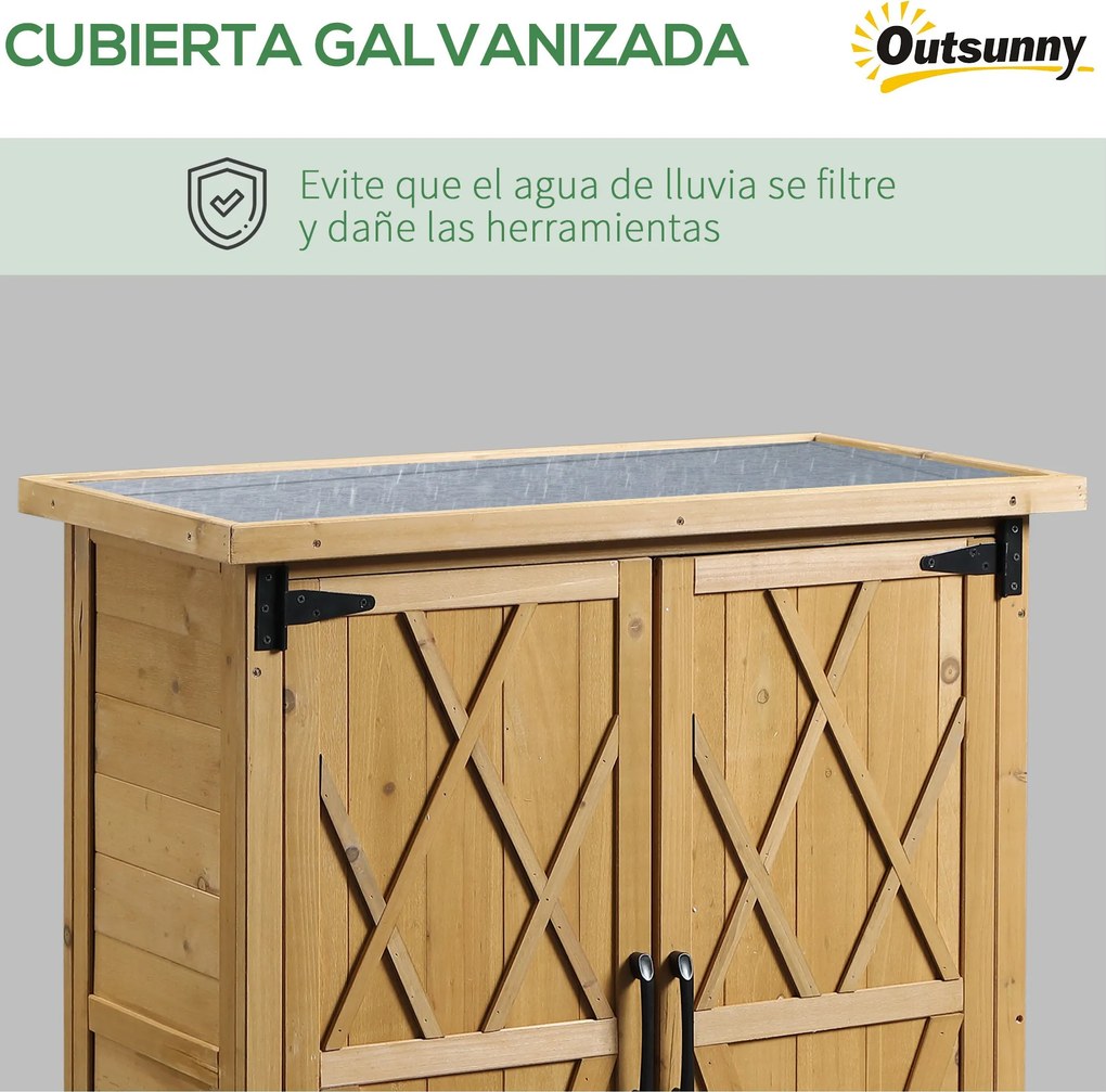 Outsunny Venkovní Dřevěná Úložná Skříň 0,24 m² 75x40x90 cm Zahradní Domek s 2 Dveřmi, 4 Policemi a Pozinkovanou Střechou pro Úložný Prostor Nářadí