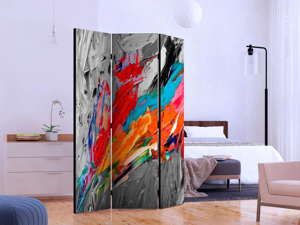 Pokojová zástěna Ohnivý pták (3-dílný) - radostná barevná abstrakce na šedém pozadí