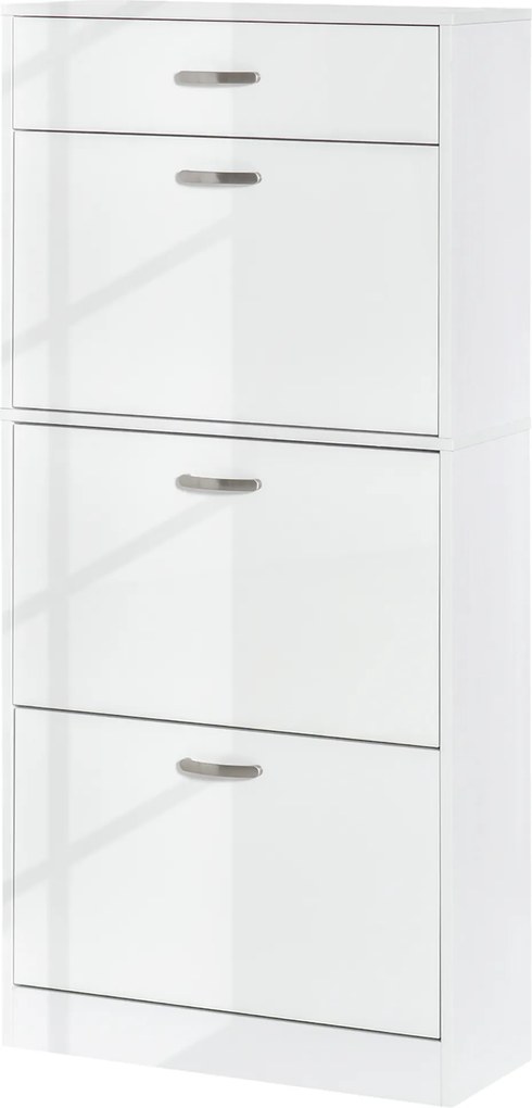 HOMCOM Skříň na boty - 3 skládací dveře a posuvná zásuvka - rozměry 62Š x 24H x 135V cm - hliníkové úchyty. Dřevotříska Bílá