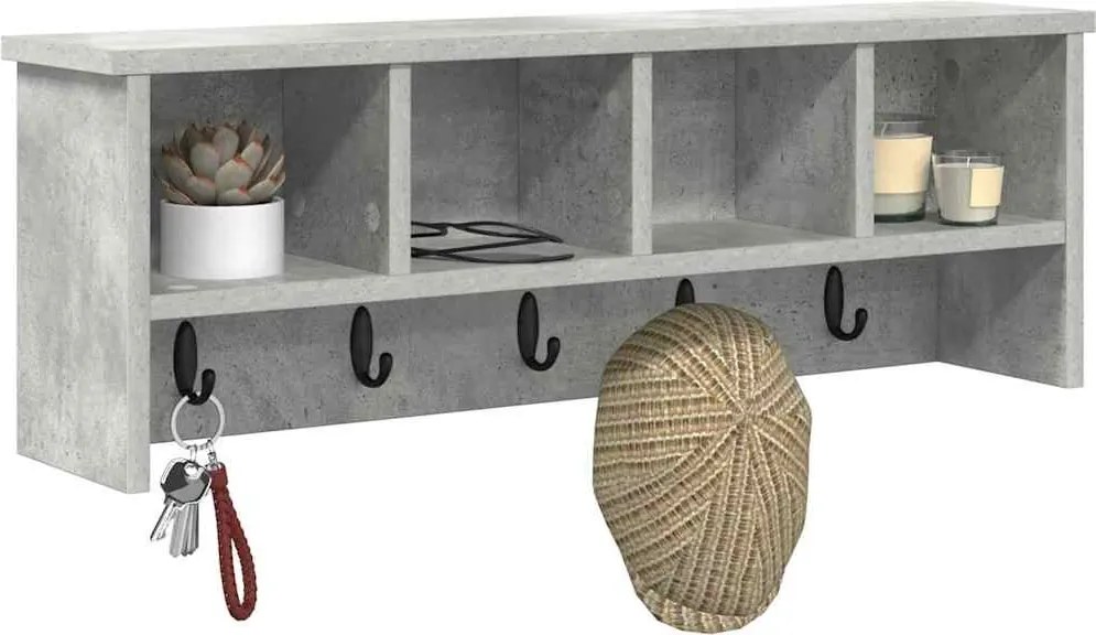 věšák, nástěnný, 4 poličky, háčky, kompozitní dřevo, 26x75x16 cm, beton šedá, Dekorino TK20260021