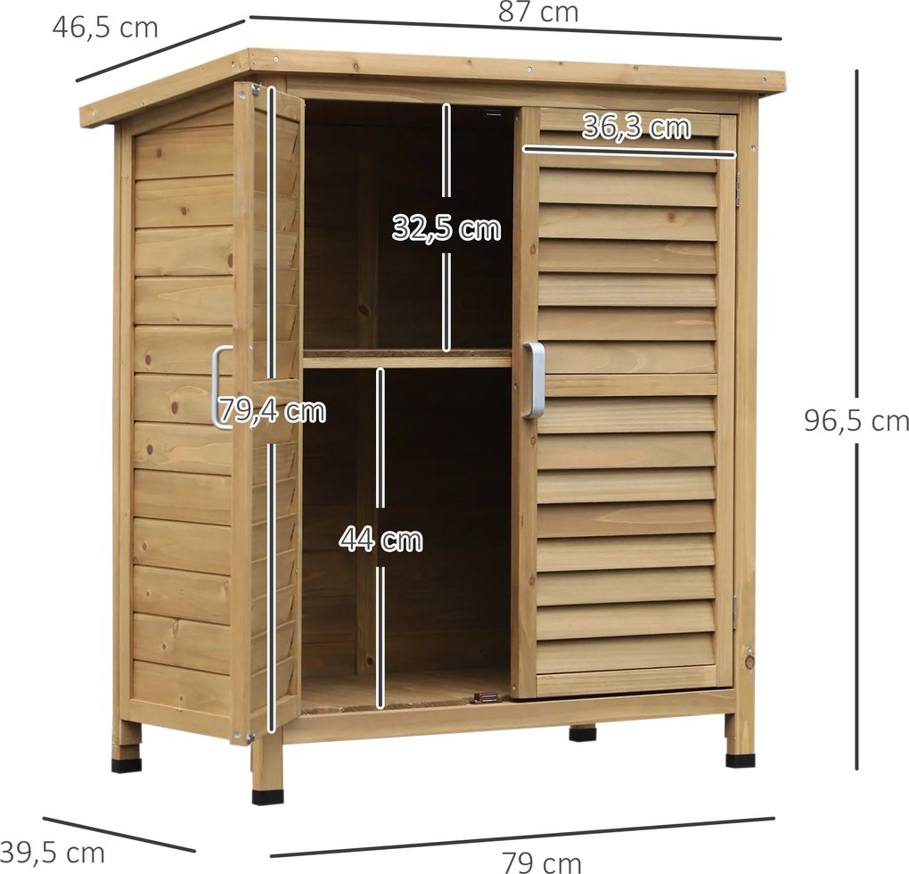Dřevěná zahradní kůlna Outsunny 87x46,5x96,5 cm se 2 vnitřními policemi, 2 větranými dveřmi a šikmou střechou pro venkovní terasu