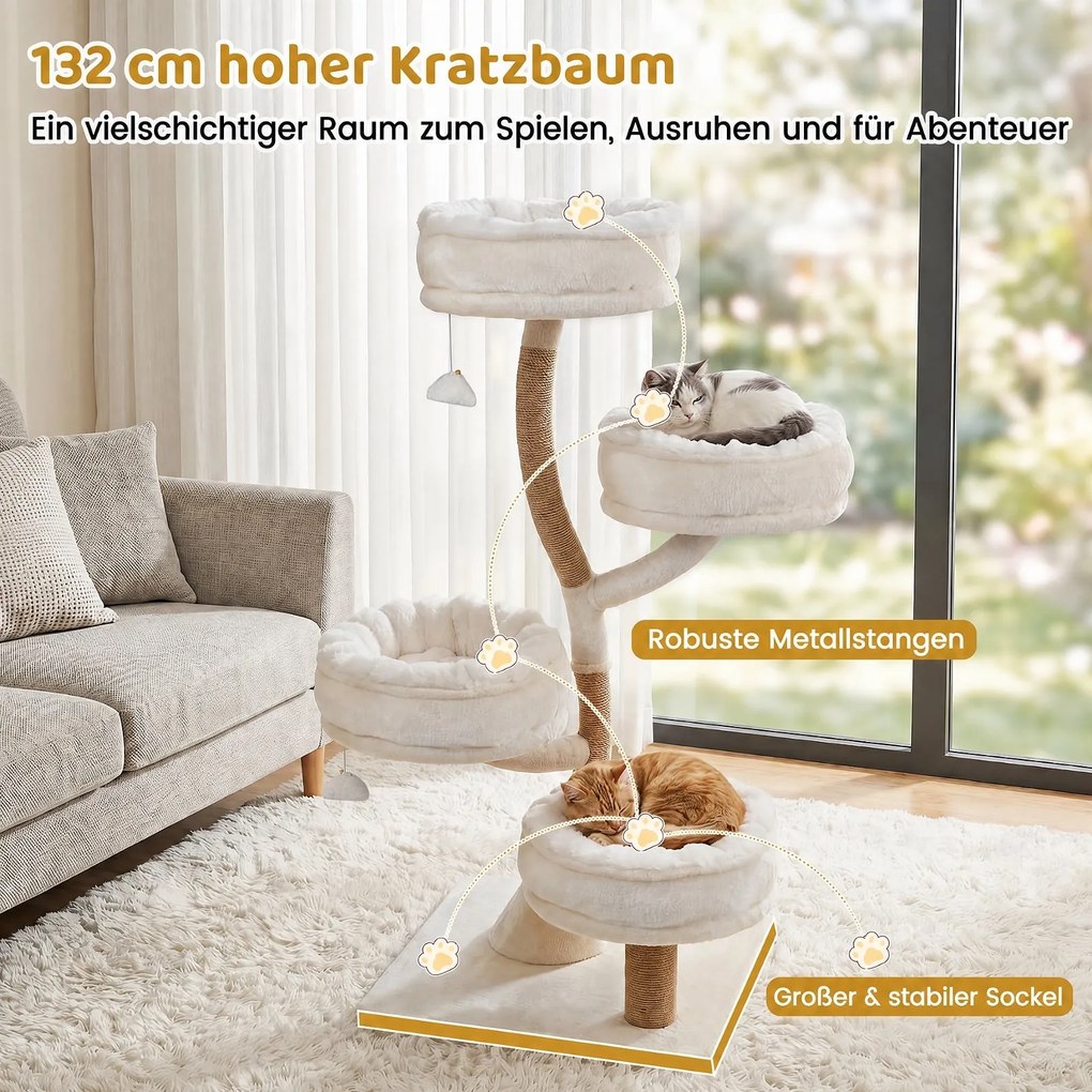 Costway 132 cm dřevěné škrabadlo šplhací strom s 4 lehacími plochami kočičí