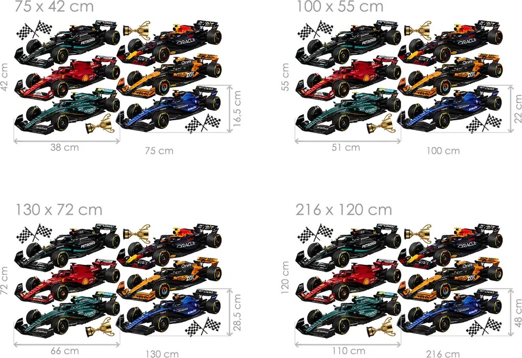 Barevné formule F1 automobilové samolepky na zeď arch 130 x 72 cm