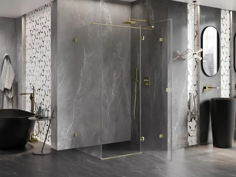 Mexen Lunar T, pravý výklopný sprchový kout 140 x 100 cm, 8mm čiré sklo, zlatý matný profil, 834T-140-100-55-00-P