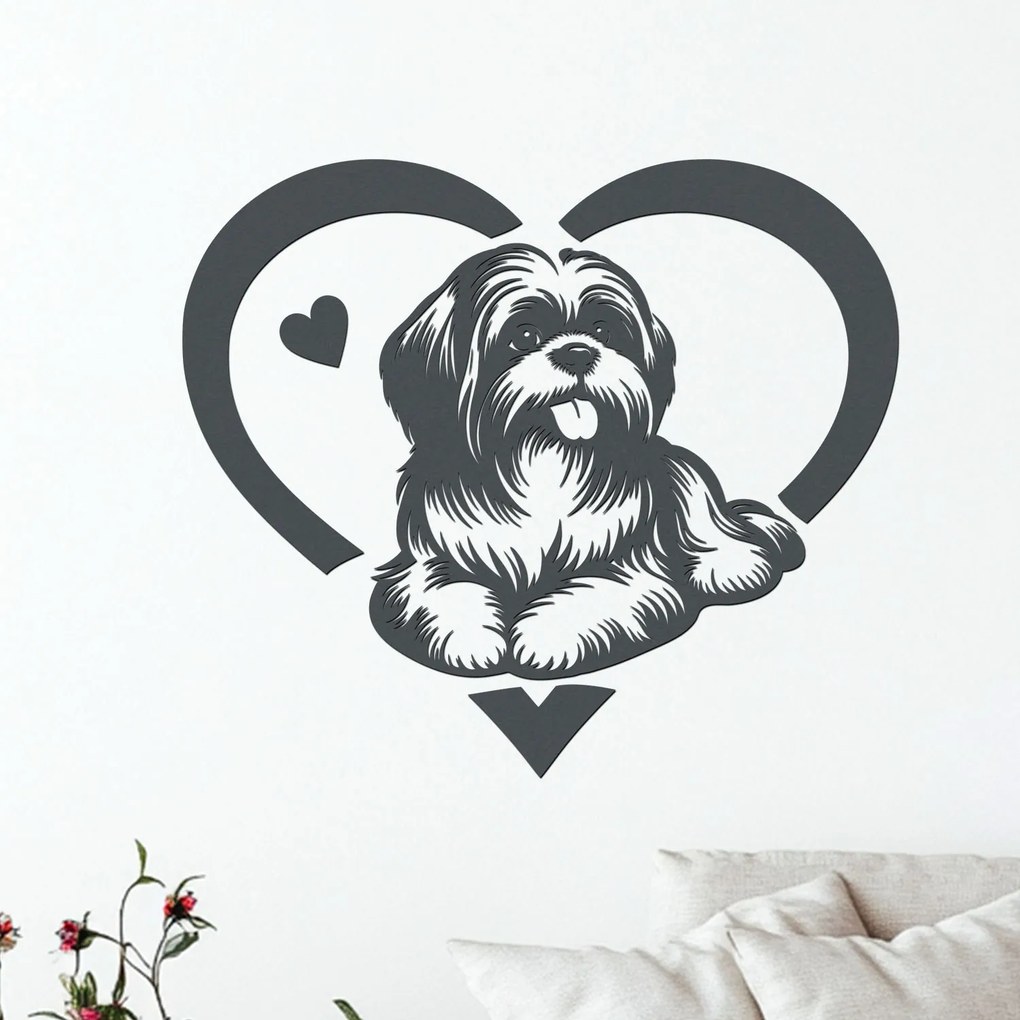 dřevo života Dřevěný obraz ležícího SHIH TZU v srdci Zvolte rozměr (cm): 60x52, Zvolte barvu dekoru: Dub Sonoma