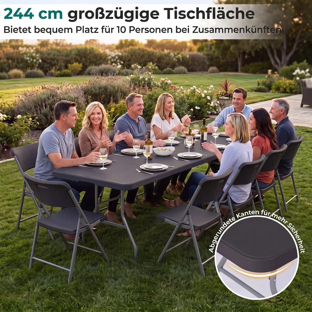 Costway Zahradní stůl skládací s rukojetí XXL pro 10 osob – 244 × 75 cm