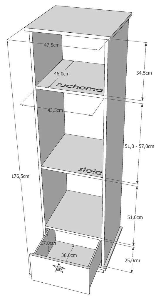 BabyBeds Dětský regál - hvězdička Barevné provedení: Olše  183 cm x 46 cm x 47,5 cm