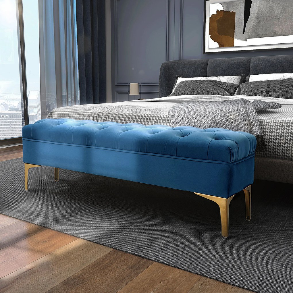 HOMCOM Lavice k posteli lavice na boty sametová modrá 118 x 45 x 42 cm se zvýšenými nohami do ložnice a předsíně | Aosom.de