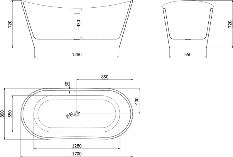Mexen Montana, volně stojící vana 170 x 80 cm, černá, bílý přepad, 52011708070-20