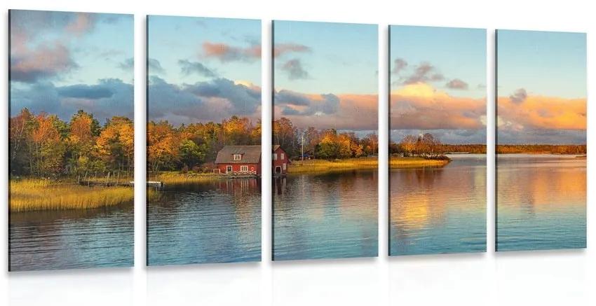 5-dílný obraz západ slunce nad jezerem - 200x100 cm