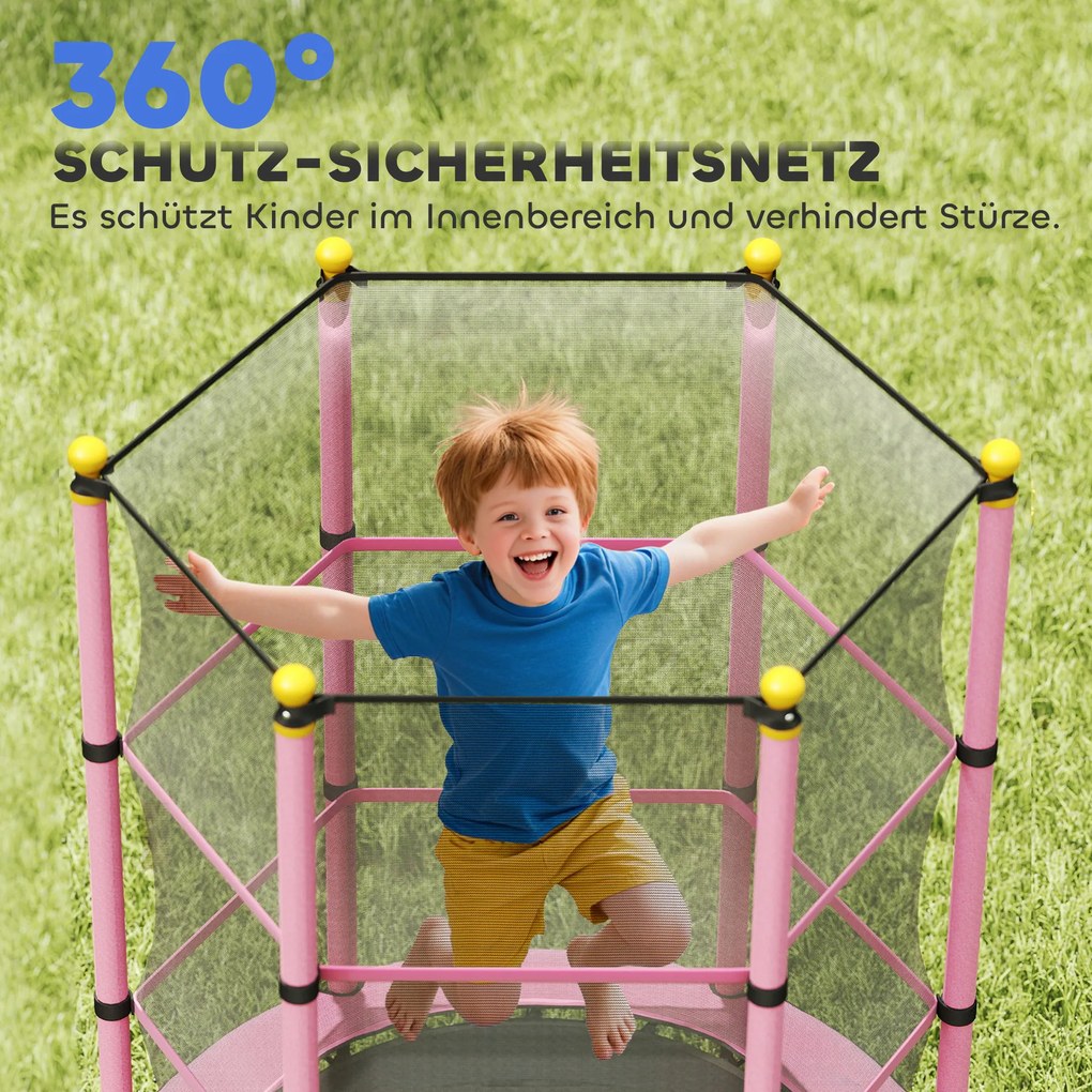HOMCOM dětská trampolína Ø140 cm, trampolína s ochrannou sítí, kryt hran, zahradní trampolína pro děti 3-10 let, max. zatížení 50 kg, růžová barva