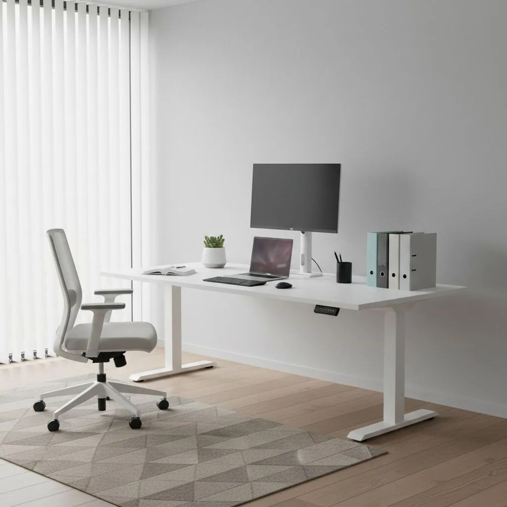 Výškově nastavitelný stůl OfficeTech Long, 240 x 80 cm, bílá podnož, světle šedá