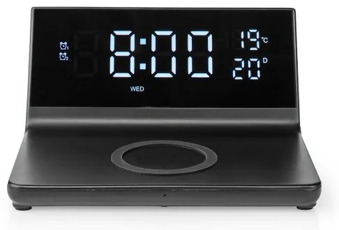 Nedis WCACQ20BK - Budík s LCD displejem a bezdrátovou nabíječkou 15W/5V černá