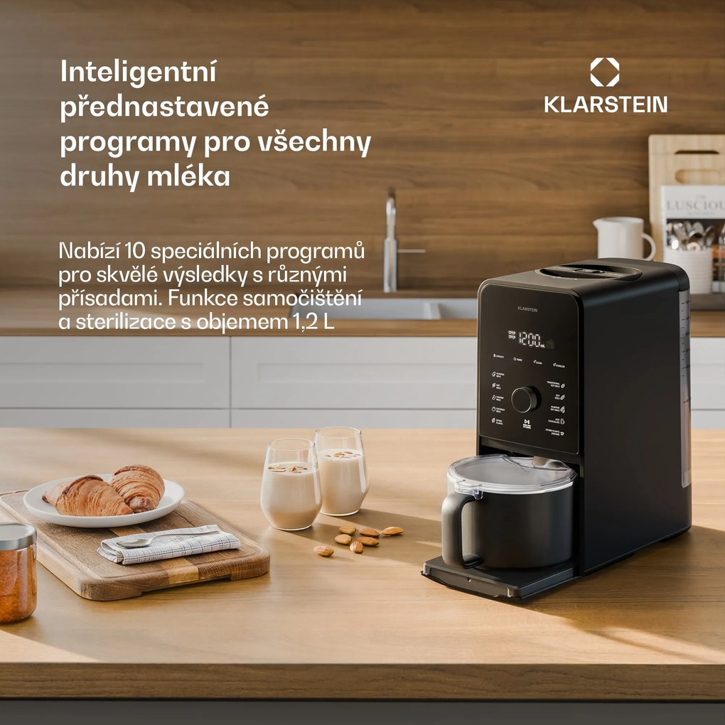 Klarstein Marcia Touch ořechový mléčný automat 1,2 litru 6 nerezových nožů 1200 W 10 + 2 programy