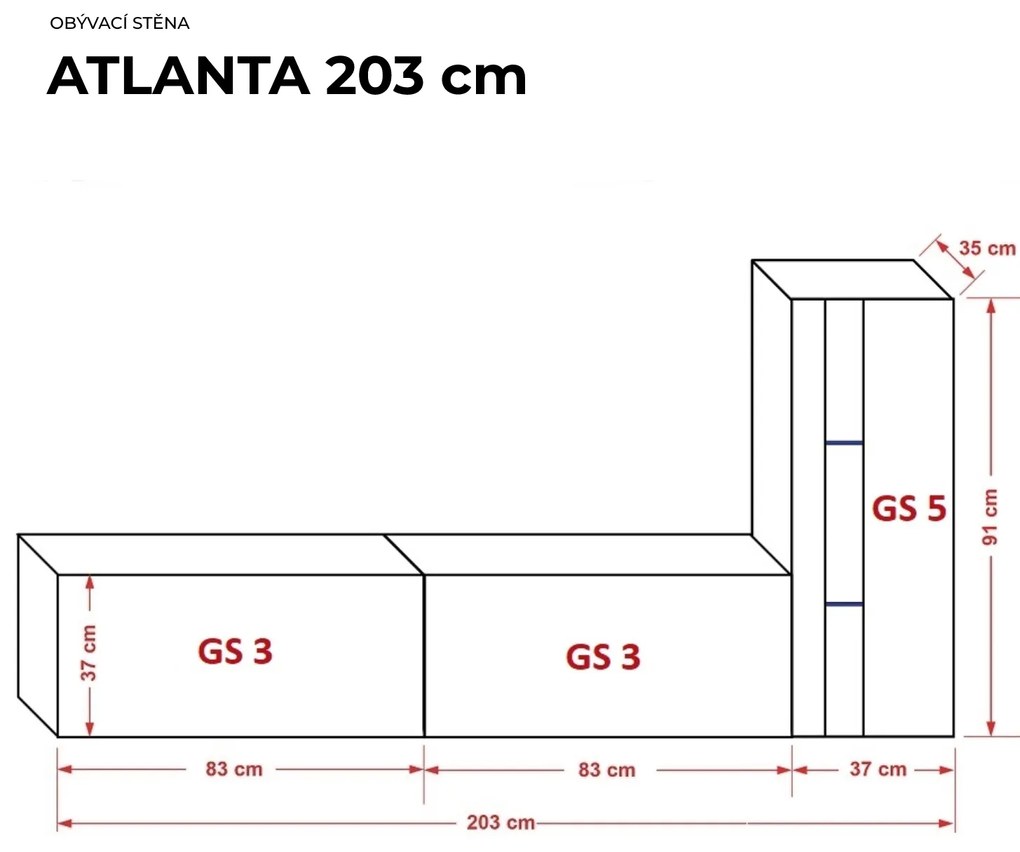 Ral Obývací stěna ATLANTA 2, 203 cm - Černý lesk