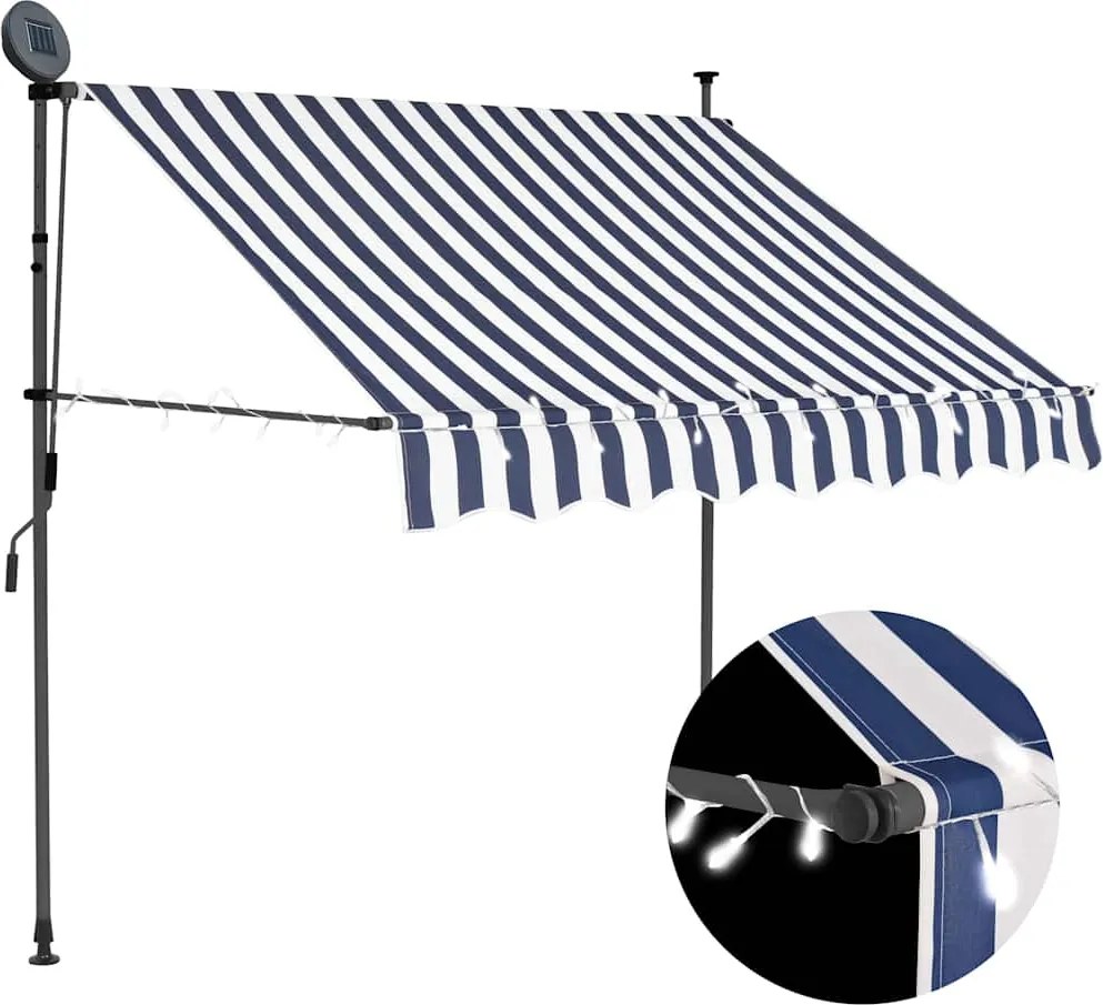 Ručně zatahovací markýza s LED světlem 150 cm modrobílá 145842