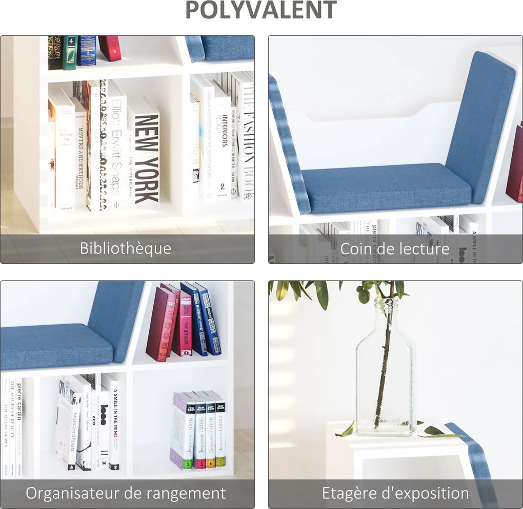 HOMCOM Knihovna s lavicí 2 v 1 Moderní design 6 oddílů 3 polštáře 102Š x 30H x 61V cm Bílá Modrá