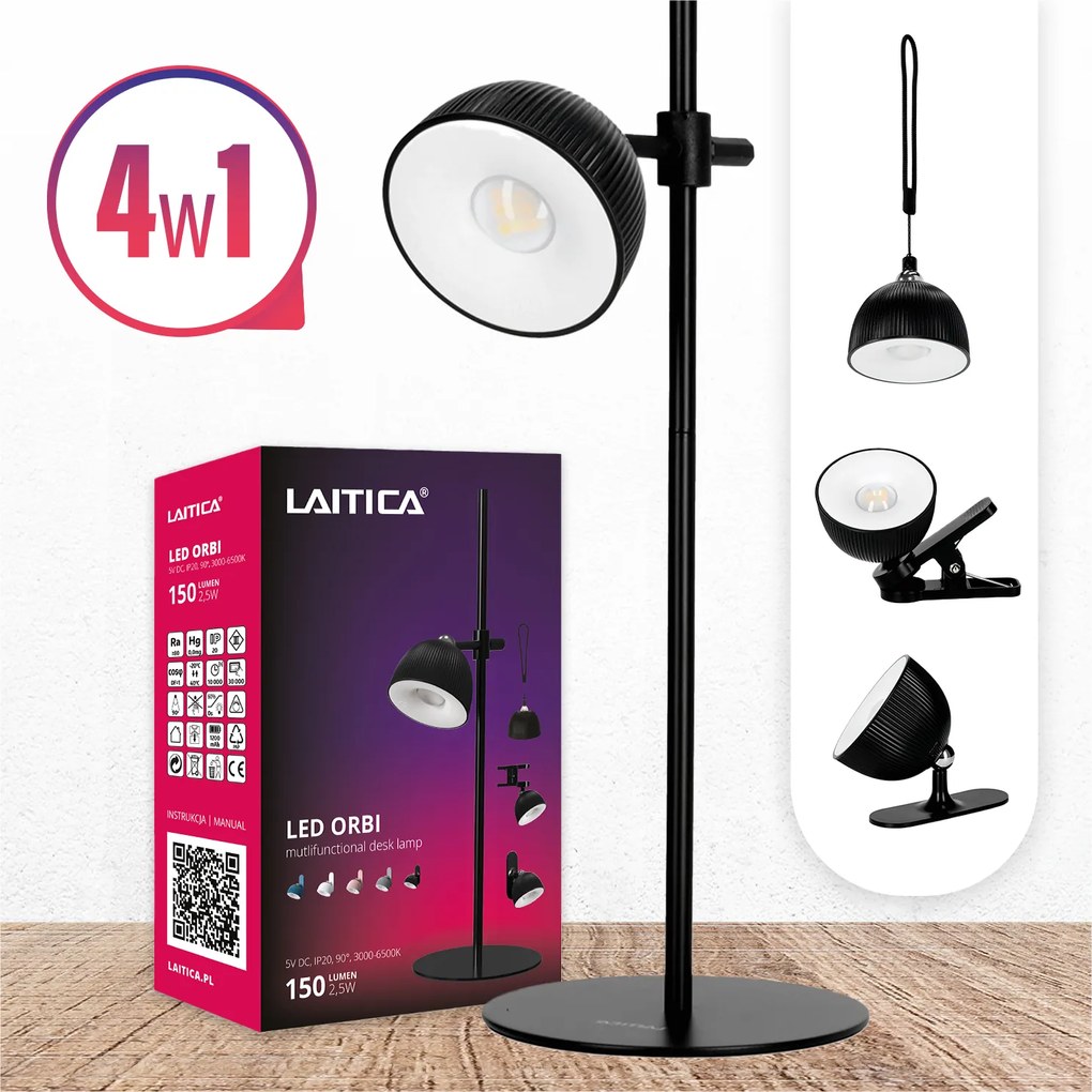 Bezdrátová Led stolní lampa Laitica Orbi Černá Usb 4v1 Nastavitelná