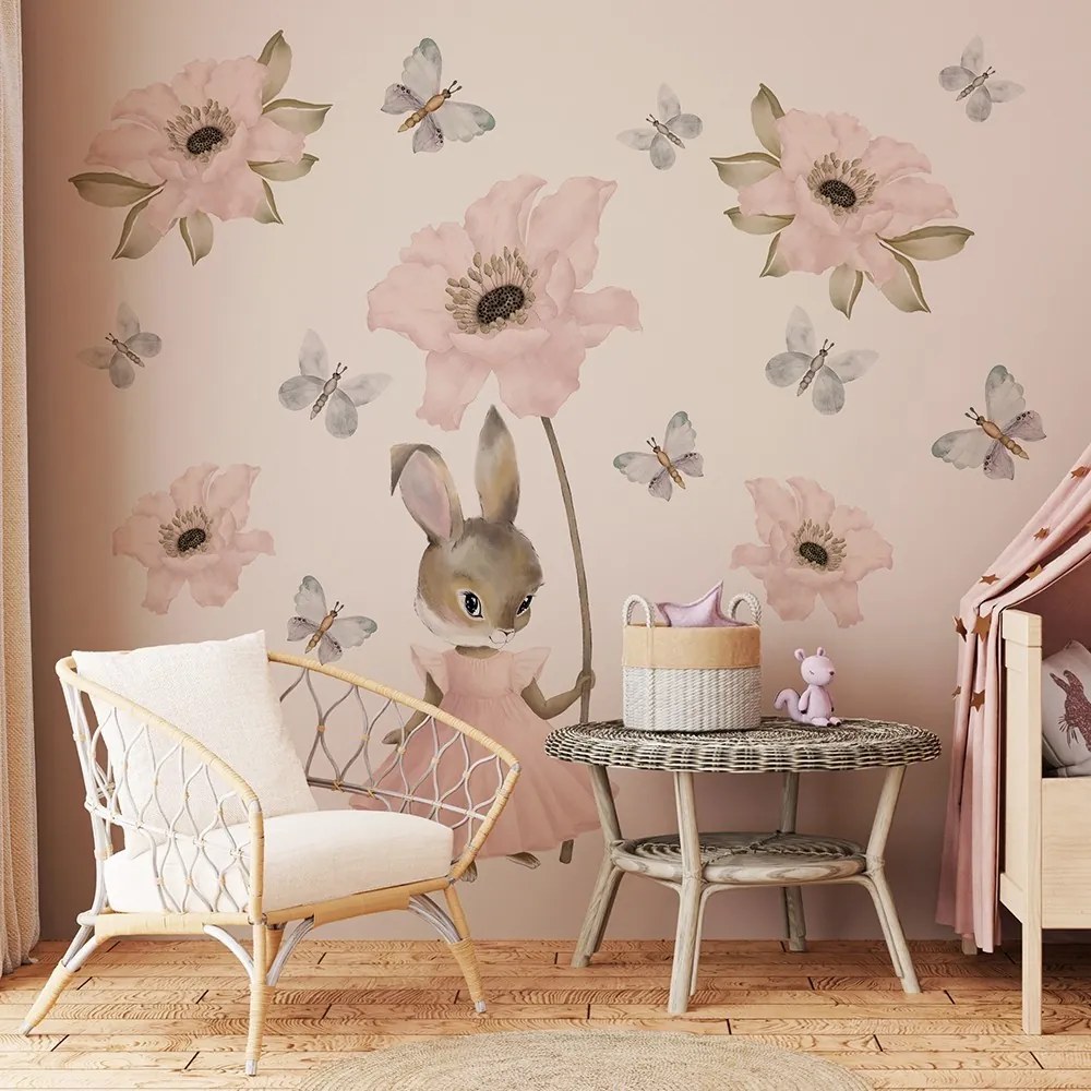 Gario Dětská nálepka na zeď Pastel bunnies - zajíček, květiny a motýly Rozměry: L