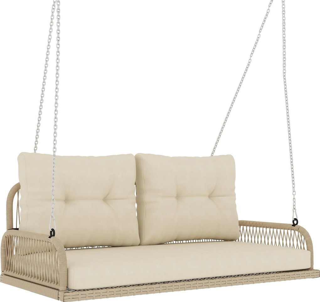 Outsunny Hollywood houpačka pro 2 osoby z rákosu se polštáři a řetězovým zavěšením, nosnost až 240 kg, houpačka do zahrady nebo na balkon 115 x 66 x 4