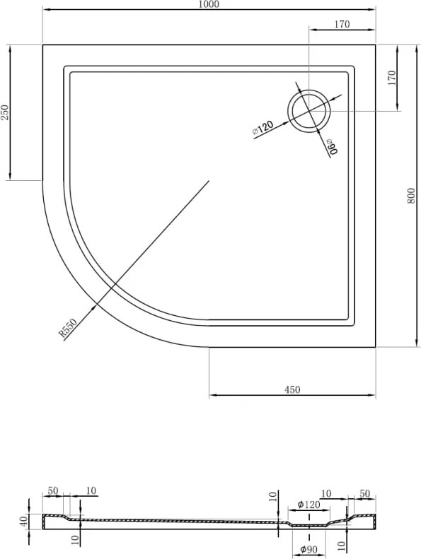 Mexen Flow půlkruhový asymetrický slim pravý 100 x 80 cm, bílý lesk - 46Q108010R