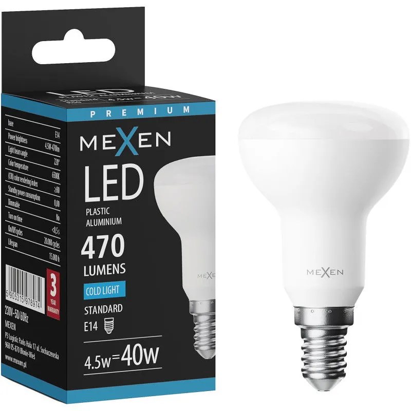 Mexen Nova, LED žárovka E14, R50, 4,5W, Studená - 6500K, 470 lm - L103-E14-0565-01