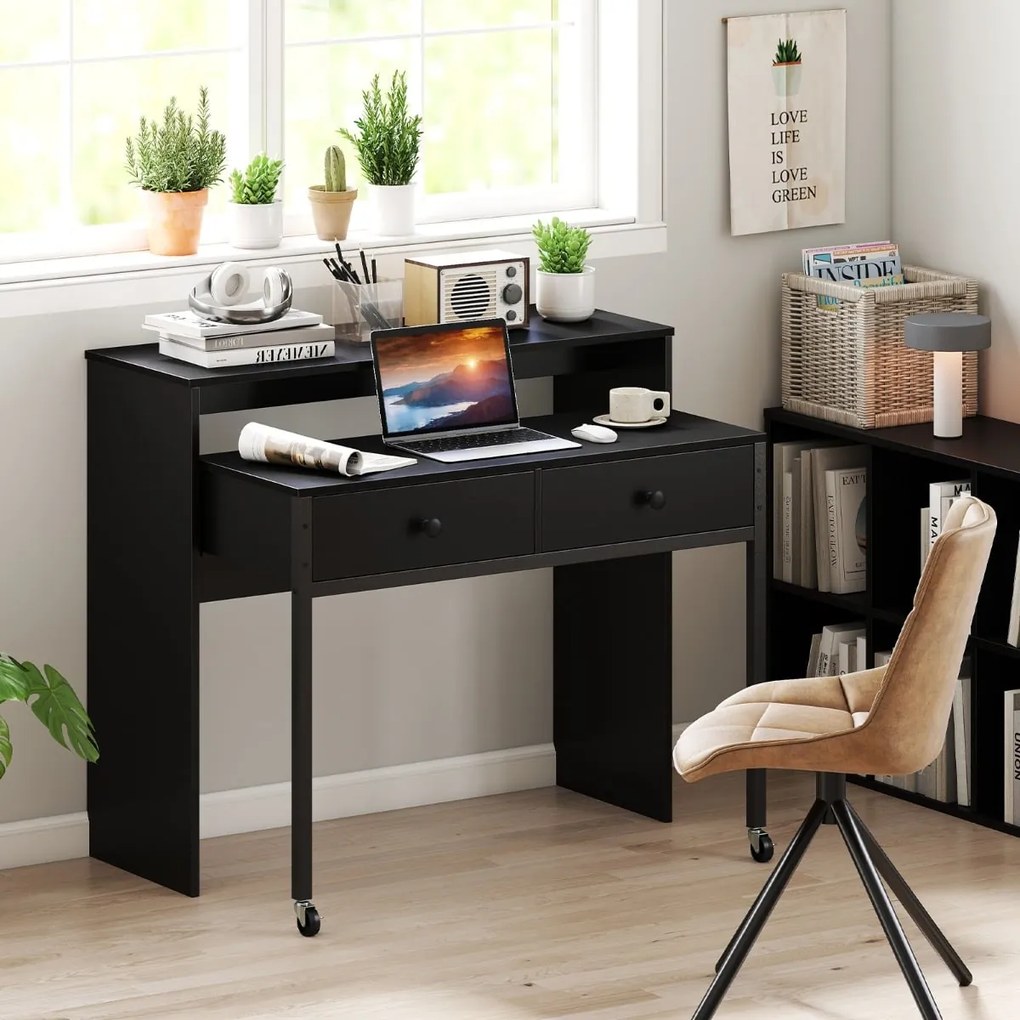 Costway Rozkládací stolek malý s 2 zásuvkami a kolečky – 100 – 100 × 63 × 88 cm