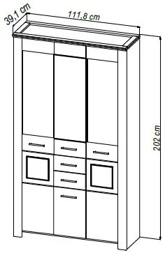 Široká vitrína s osvětlením Matera, starý dub/bílá