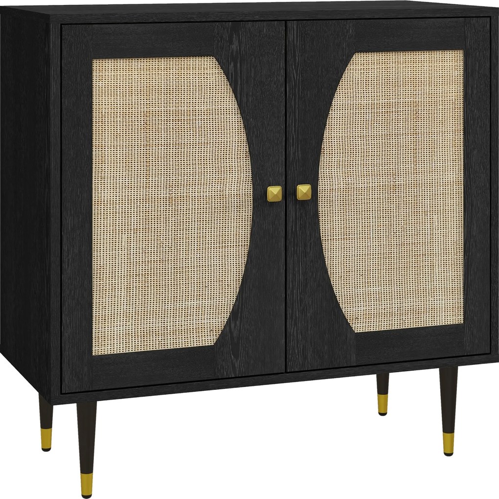 HOMCOM Buffet Skříňka s Dvojitými Dveřmi v Boho Stylu, 2 Úrovně, Ratanový Přední Panel 80 x 38 x 79 cm Černá