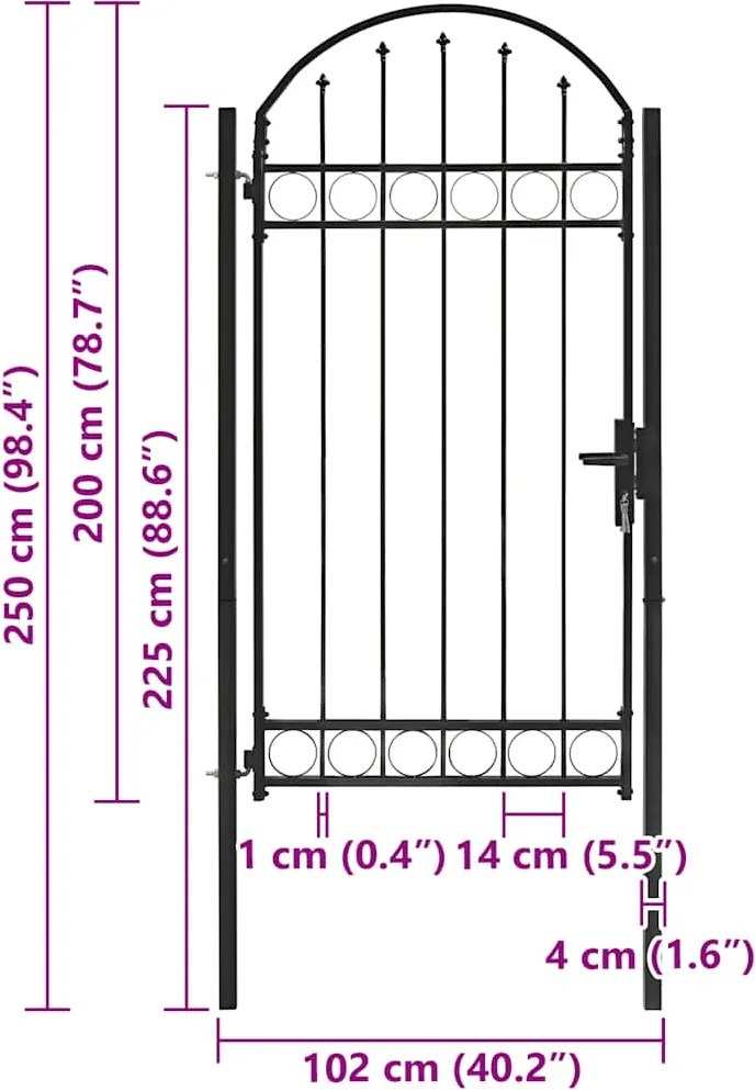 vidaXL Marketos Plotová brána ASSEN s klenutým vrškem ocelová 102 x 200 cm černá