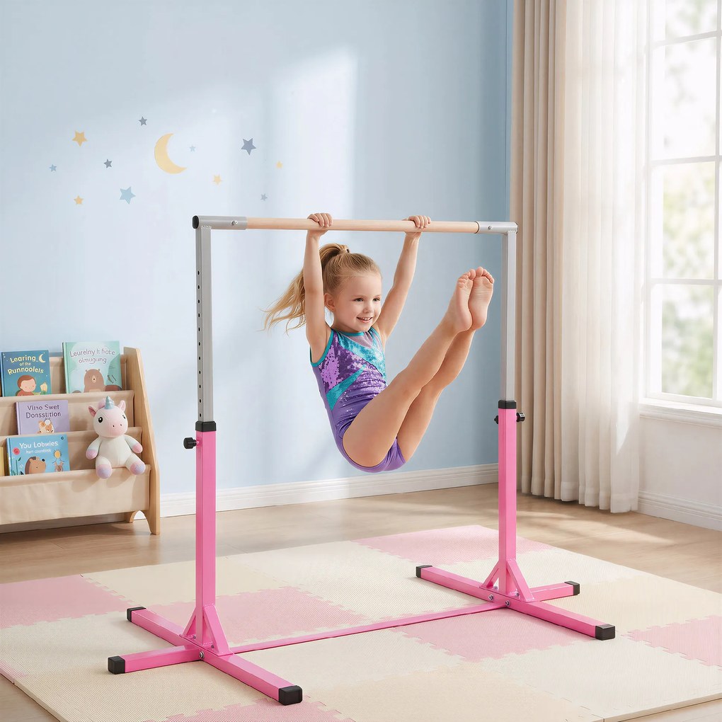 HOMCOM Gymnastická tyč pro děti, výškově nastavitelná hrazda, hrazda pro vnitřní i venkovní použití z dřeva & stabilní ocelová konstrukce do 75 kg, p…