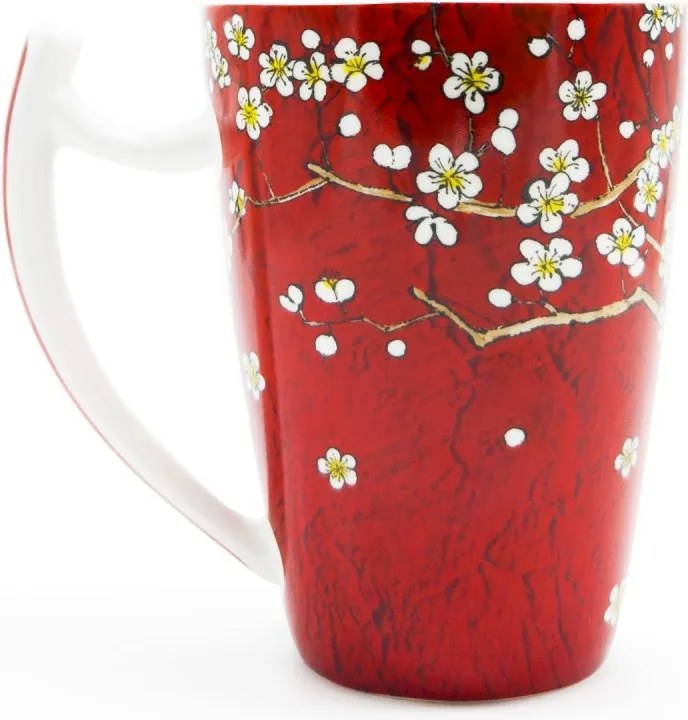 Porcelánový hrnek Hanami, červený, 500 ml – lesklý, s motivem květů sakury