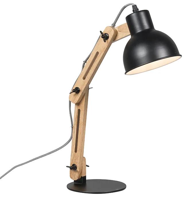 Průmyslová stolní lampa černá se dřevem - Woodi