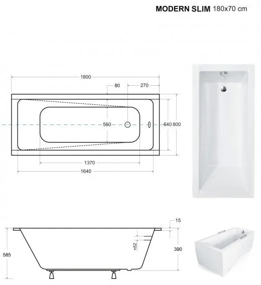 BESCO Obdélníková vana MODERN SLIM Nožičky k vaně - Bez nožiček, Rozměr vany - 180 × 80 cm - VANMOD18SLIM