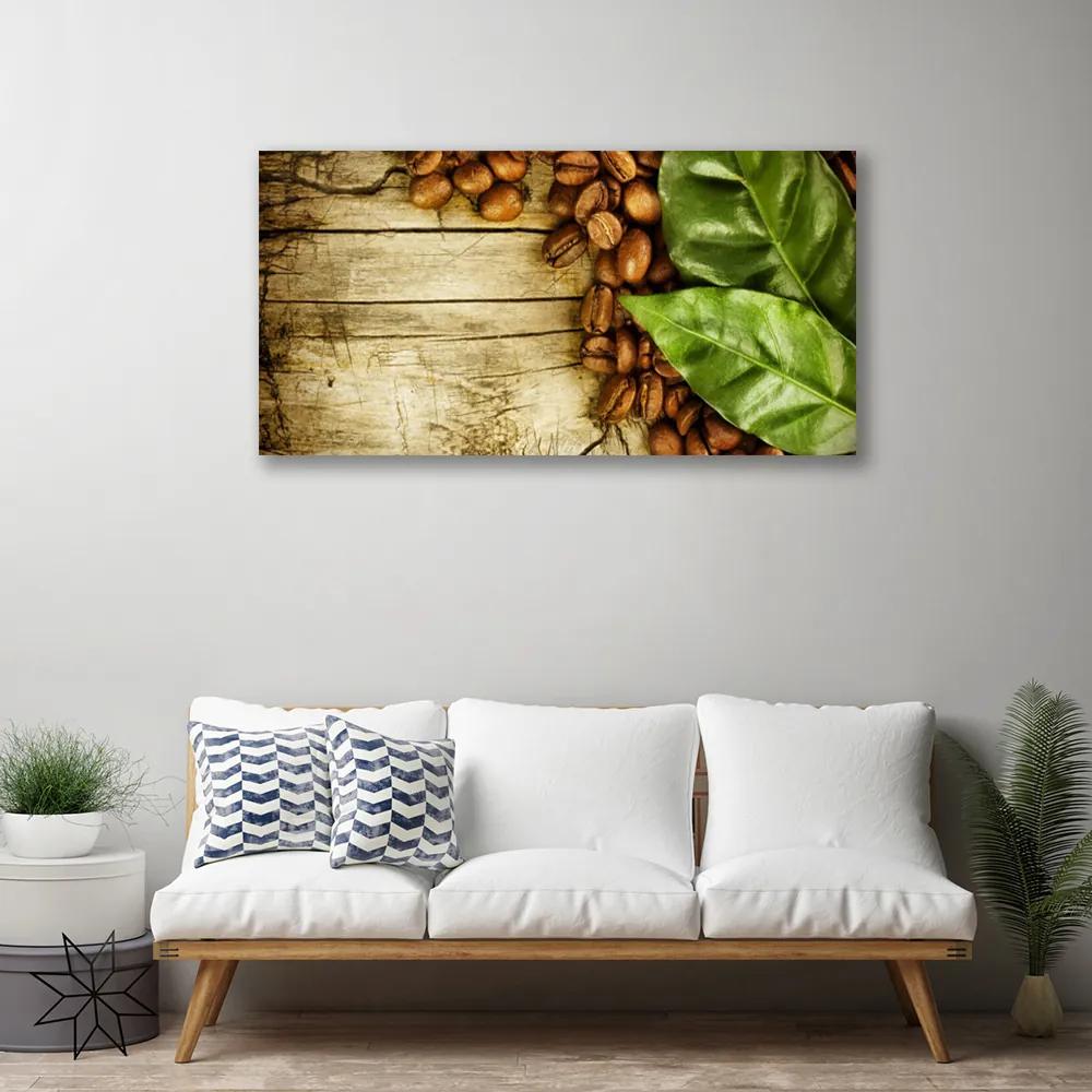 Obraz na plátně Zrnka Káva Listy Kuchyně 100x50 cm