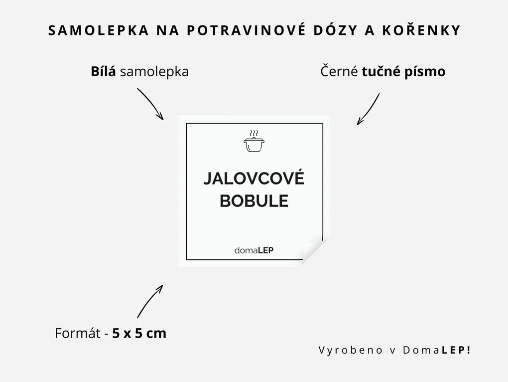 JALOVCOVÉ BOBULE - omyvatelná samolepka na kořenky, výběr rozměrů Ø 5 cm / 5 x 5 cm / 6 x 8 cm | DomaLEP tvar: ČTVEREC, barva: BÍLÁ - ČERNÉ písmo, velikost: š. 5 cm x v. 5 cm - základní písmo