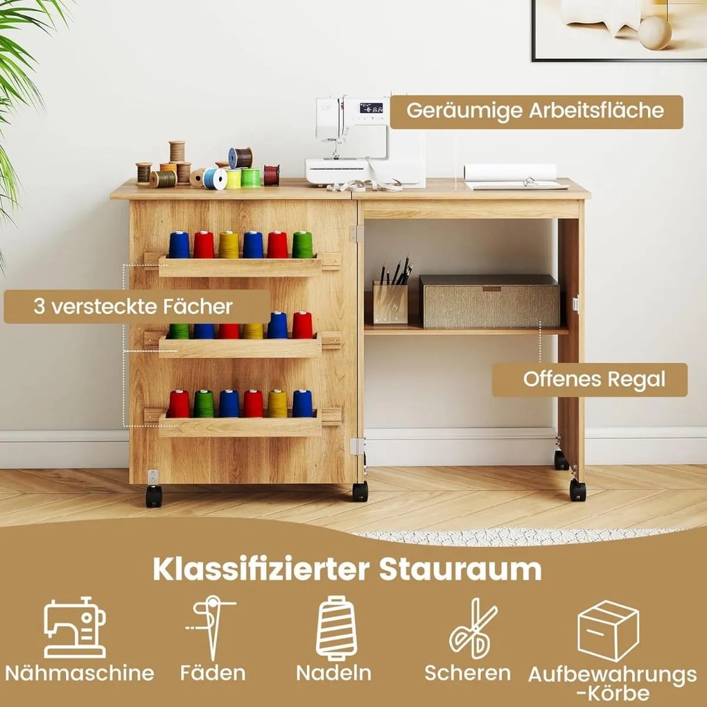 Costway Pojízdný skládací šicí stolek s úložnými boxy, přírodní