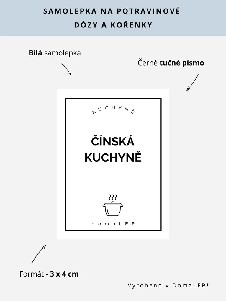Samolepka na kořenky ČÍNSKÁ KUCHYNĚ bílá 3 × 4 cm tučné písmo