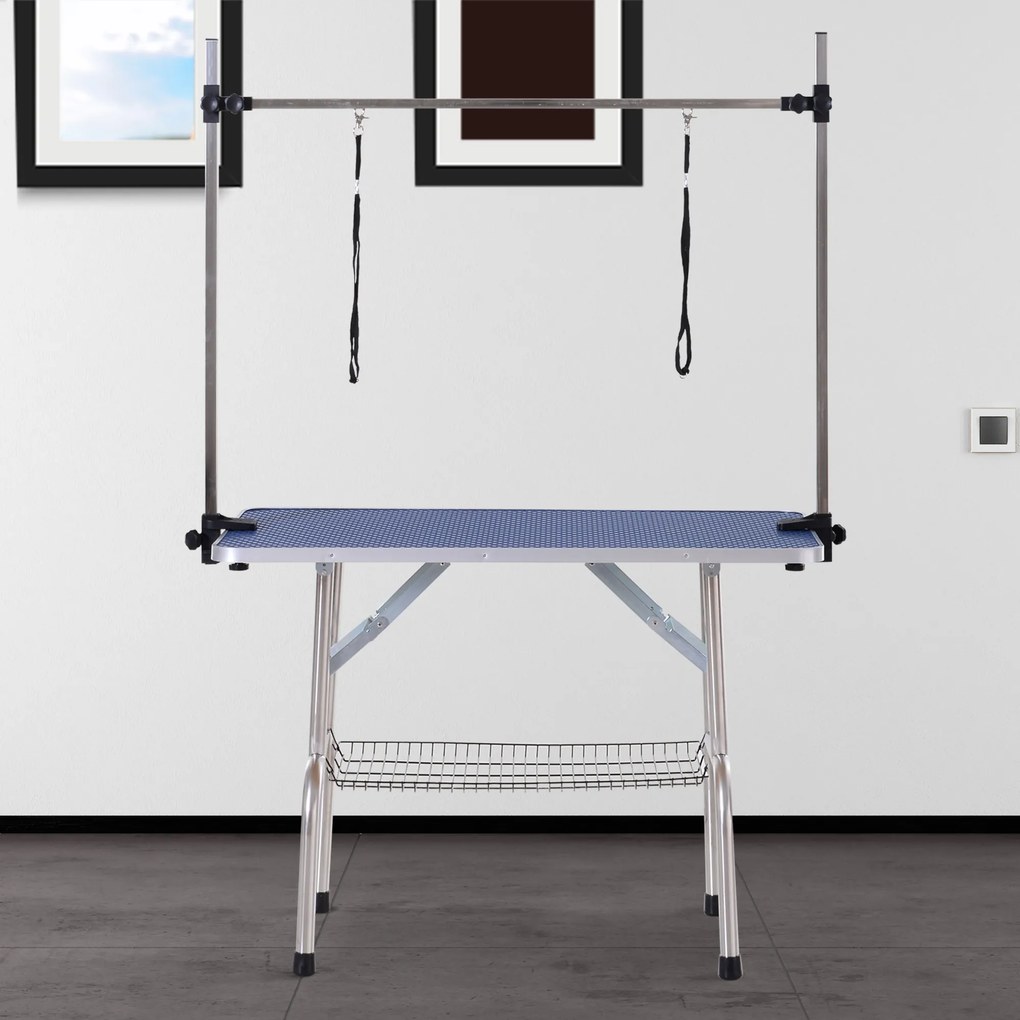 Výškově nastavitelný stůl PawHut se skládacím spodním košem pro psy, nerezová ocel, modrý, 107x60x170cm, ideální pro úpravu psů