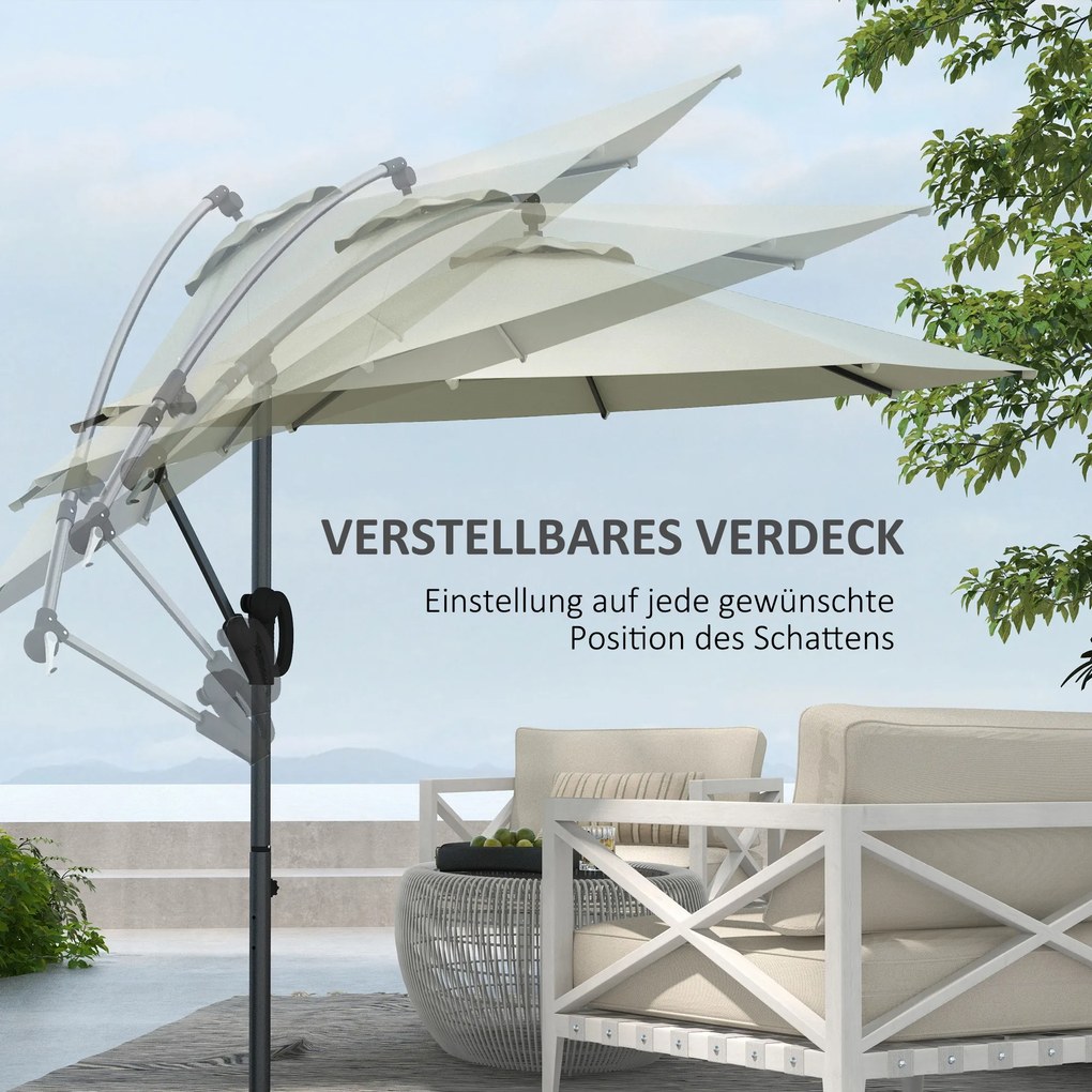 Konzolový slunečník Outsunny Ø293 x 260Hcm s kličkou a křížovým podstavcem, naklápěcí, odvětrávaný, 8 žeber, polyesterová krémová | Aosom.de