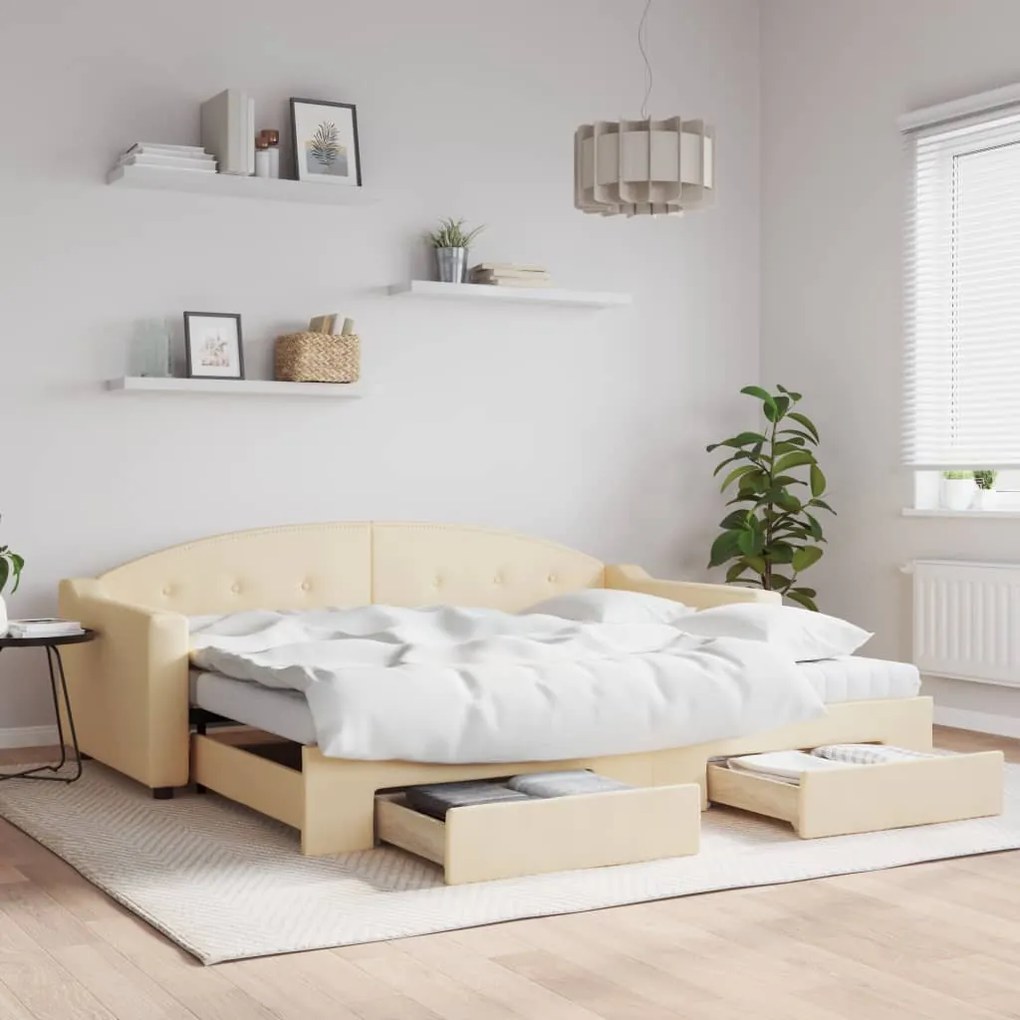 Válenda s přistýlkou a zásuvkami krémová 90 x 200 cm textil 3197588