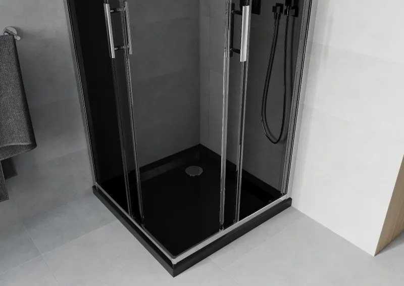 Mexen Rio, čtvercový sprchový kout s posuvnými dveřmi 90 x 90 cm, 5mm šedé sklo, chromový profil + černá sprchová vanička, 860-090-090-01-40-4070