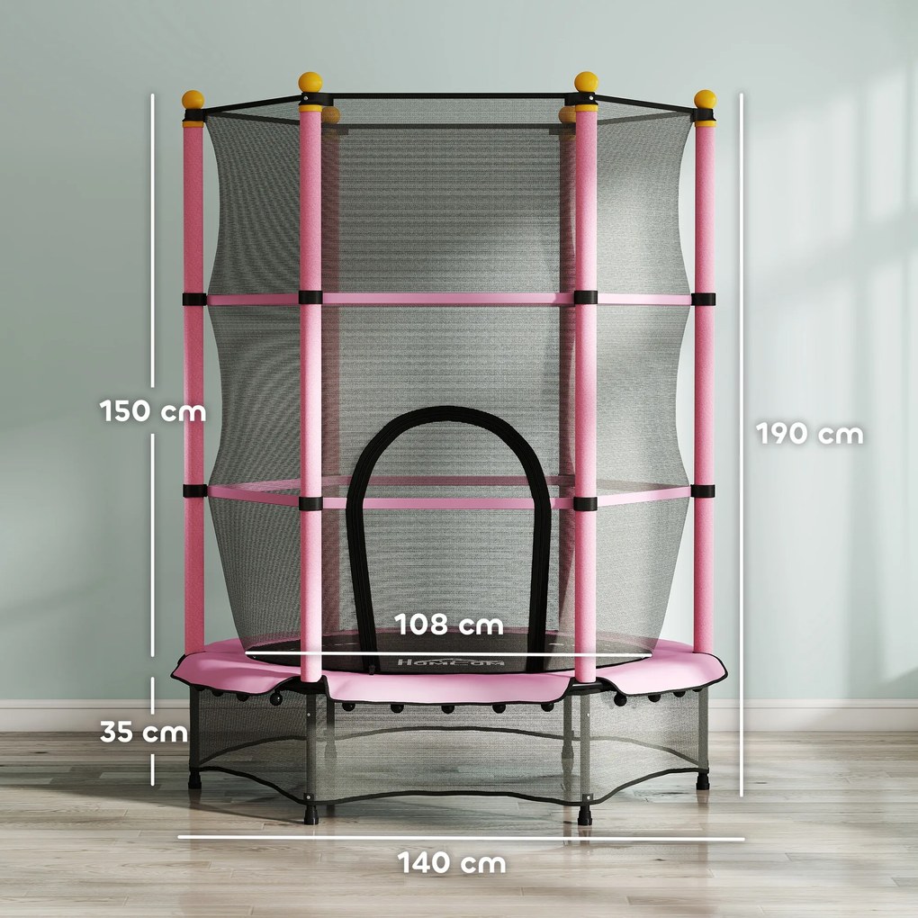 HOMCOM dětská trampolína Ø140 cm, trampolína s ochrannou sítí, kryt hran, zahradní trampolína pro děti 3-10 let, max. zatížení 50 kg, růžová barva