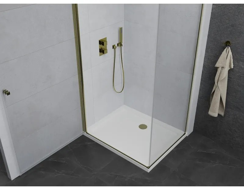 Mexen Pretoria sprchový kout s otočnými dveřmi 90 x 80 cm, Průhledné, Zlatá + sprchová vanička Flat - 852-090-080-50-00-4010