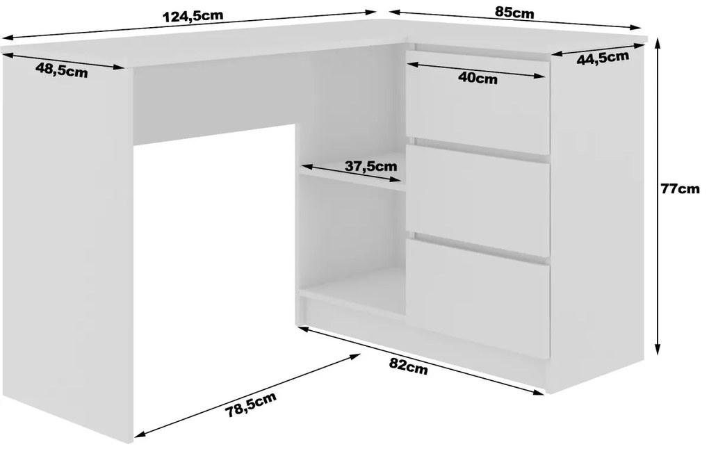 Rohový psací stůl B16 124 cm bílý/sonoma pravý