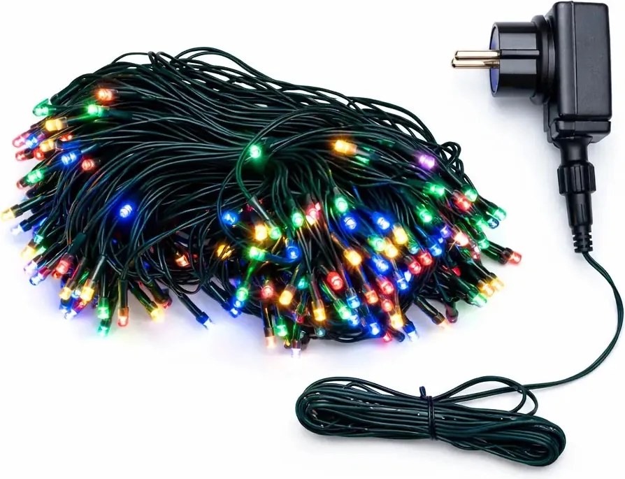 LED světelný řetěz, venkovní, 20 m, barevný, 100 diod, černý kabel, IP44, vč. zdroje