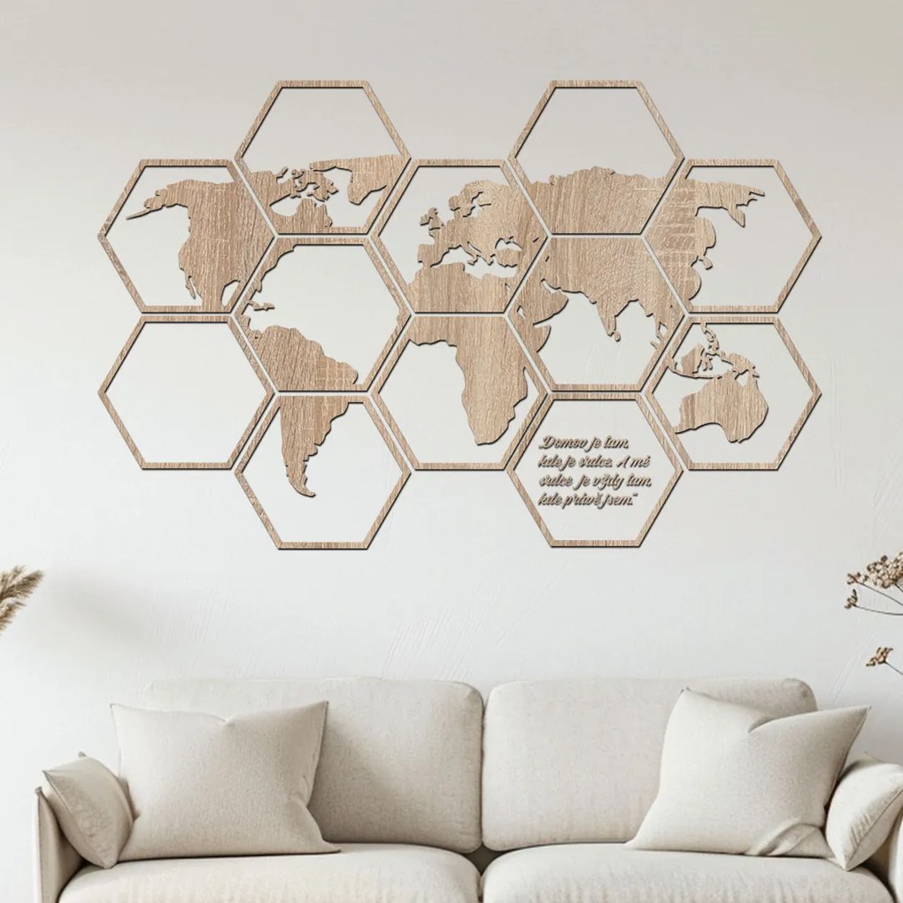 dřevo života Dřevěná mapa světa Hexagon Zvolte barvu dekoru: Dub Sonoma, Rozměry (cm): 93x60